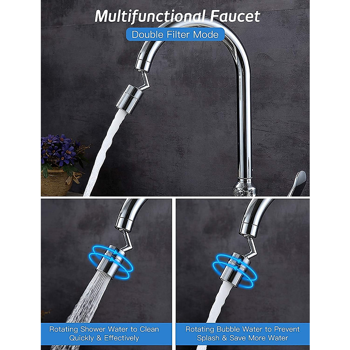 PIKGOS Splash Filter Faucet, 720Degree Rotatable Faucet Sprayer Head, Anti-Splash, Oxygen-Enriched Foam, 4-Layer Net Filter Leakproof Double O-Ring Applicable Internal Thread 22-24mm -2 pack