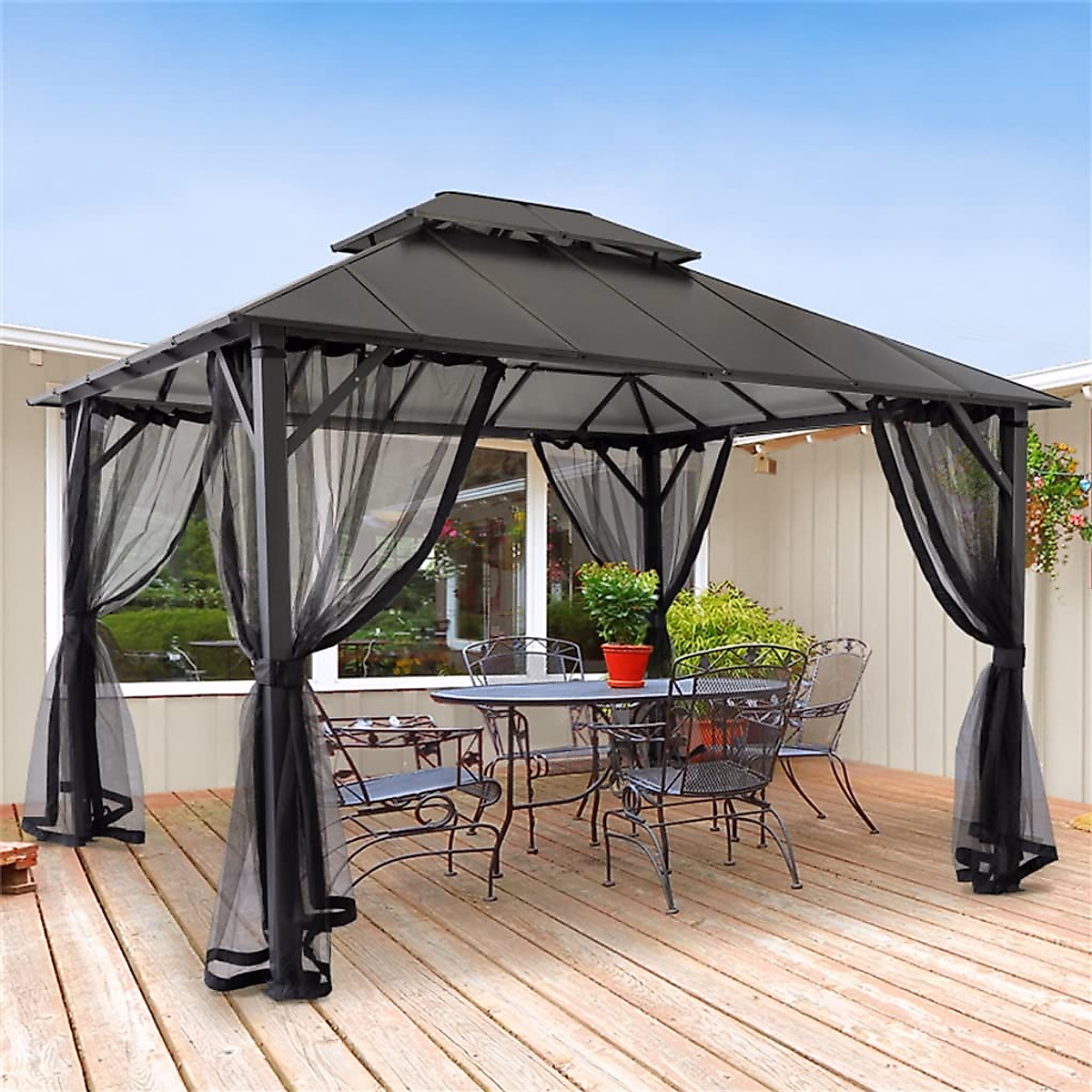 Walnut 12 ft. x 10 ft. Aluminum Hardtop Outdoor Patio Gazebo with Insulated Double-Roof Hardtop and Netting