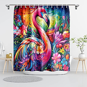 Reateforin Flamingo Shower Curtains for Bathroom Summer Shower Curtains for Transfer Bench Tropcial Botanical Flower Bathroom Decorative Rainbow Flamingo with Orchids Neon Bathroom Accessory 72"x72"