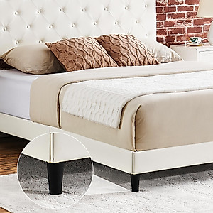IDEALHOUSE Queen Bed Frame with Headboard Adjustable, Leather Platform Bed Upholstered Queen Size, Button Tufted Mattress Foundation, Wooden Slat Support, No Box Spring Needed, White