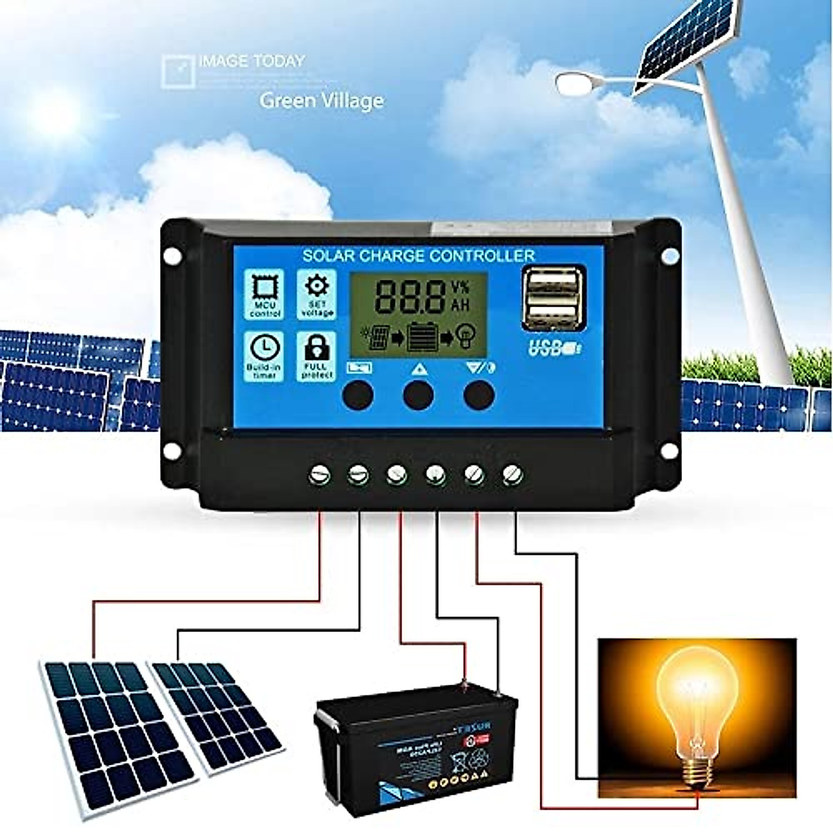 30A Solar Charge Controller,12V/ 24V Solar Panel Charge Controller,Timer Setting PWM Auto Parameter,Intelligent Regulator with 5V Dual USB Port Display Adjustable Parameter LCD Display