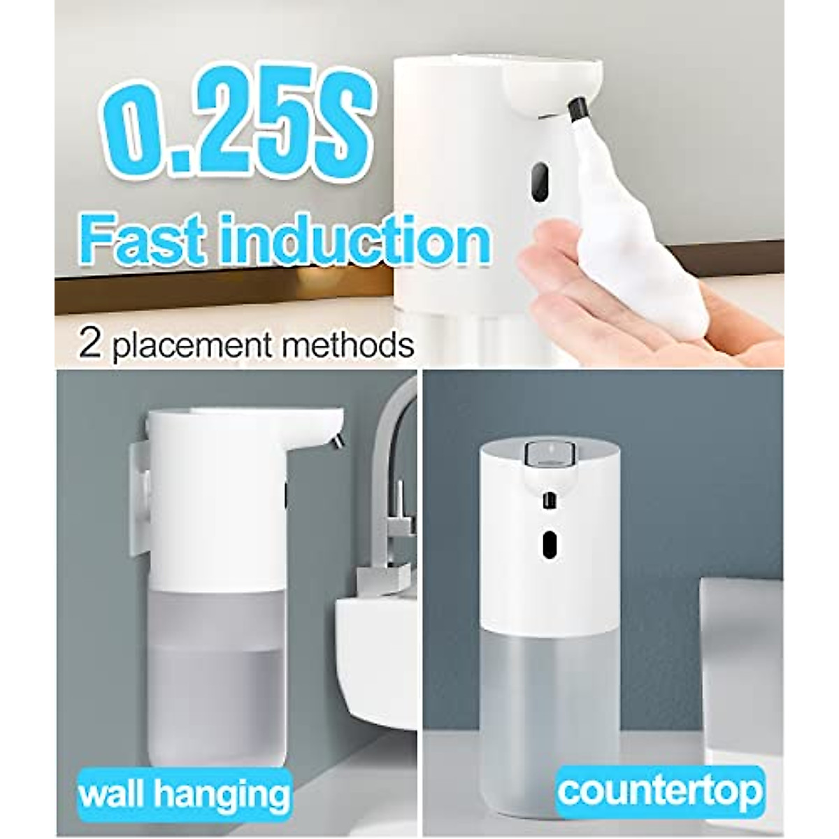 Josnown Automatic Foaming Soap Dispenser - 4 Gear Foaming Adjustable, USB Rechargeable, IPX5, Wall Mounted Sticker Available - 13.5oz/400ML Touchless Hand & Dish Soap Dispenser for Bathroom Kitchen