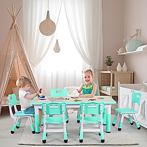 Arlopu Kids Table and 6 Chairs Set, Height Adjustable Graffiti Table, Preschool Activity Art Craft Table, for Daycare Classroom Home Boys and Girls Age 3-12 (Light Green)