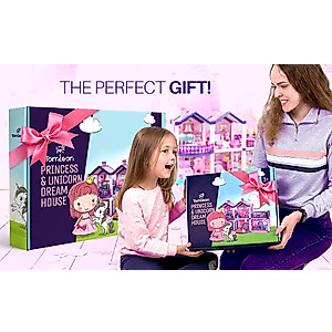 TOMLEON Dollhouse w/ Princesses, 4 Unicorns and Dog Dolls - Pink / Purple Dream House Toy for Little Girls - 4 Rooms w/ Garden, Furniture and Accessories - Girls Ages 3 - 6 (4 Princesses)