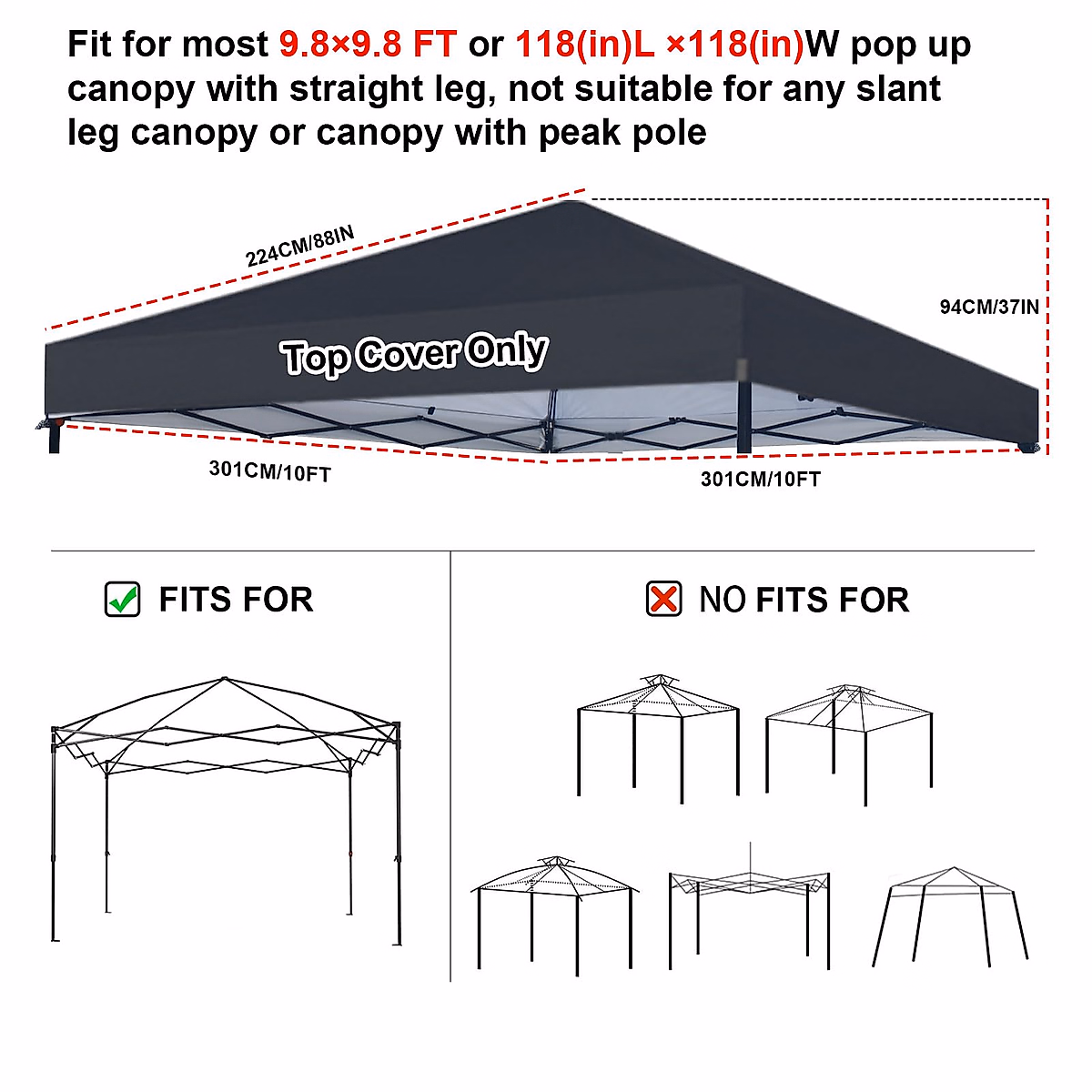 Joramoy 10×10 Canopy Replacement Top Only, Waterproof Pop Up Canopy Tent Top Cover with Ropes, Instant Canopy Top Sunshade Sliver Coated for Outdoor Garden Patio Camping (Black)