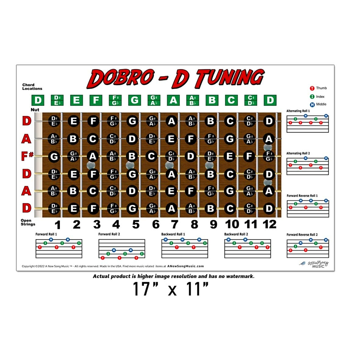 Dobro Open D Tuning Resonator Guitar Fretboard Note & Rolls Chart - Beginners & Intermediate Instructional Easy Poster Chords 11x17 | A New Song Music