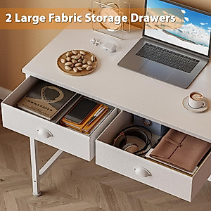 Furologee White Small Computer Desk with 2 Fabric Drawers, 36 Inch Simple Home Office Writing Desk, Vanity Desk with Hooks, Study Desk for Bedroom Small Spaces