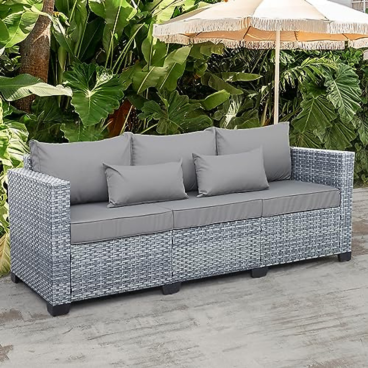 Patio Furniture Outdoor Sofa Grey Wicker Outdoor Furniture Outdoor Couch Deep Seat Sofa Hight Backrest with Waterproof Cover and Anti-Slip Cushions, Grey