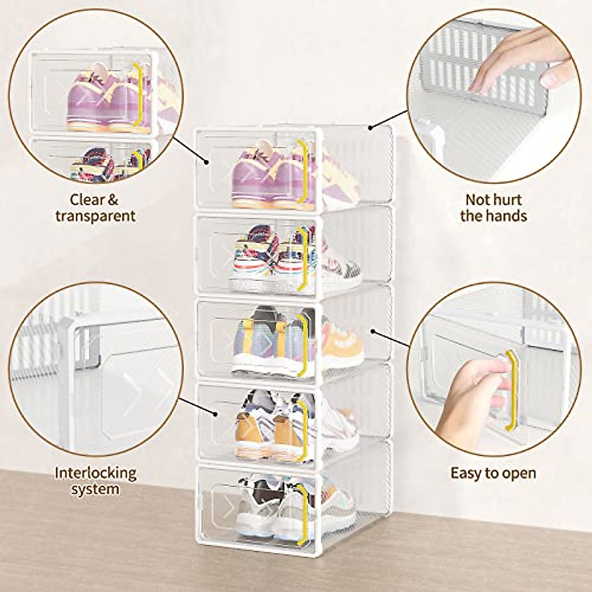 Gardace 12 Pack Shoe Storage Boxes，Clear Plastic Stackable Shoe Organizer for Closet，Foldable Shoe Rack Sneaker Container Bins Holders，with Yellow Door Handle
