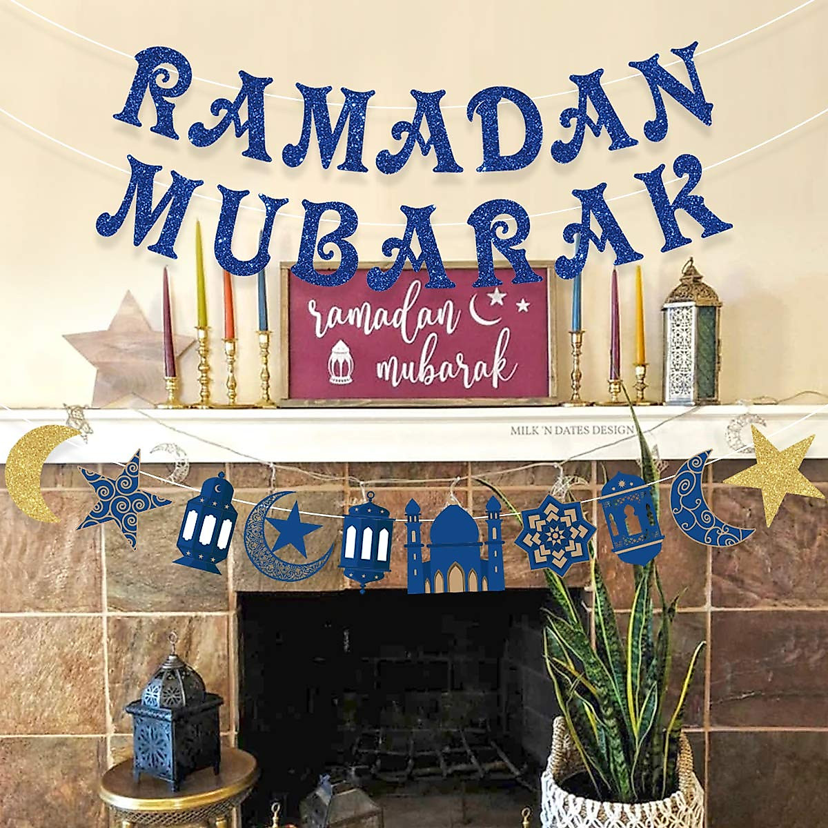 Blue Glitter Ramadan Mubarak Banner Eid Mubarak Decoration, Muslim Islamic Party Decoration, Ramadan Decorations for Home Ramadan Kareem Party Supplies Star and Moon Garland Product Name