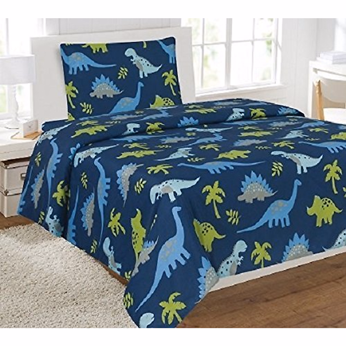 Linen Plus Sheet Set for Boys/Teens Dinosaur Jurassic Dark Blue Green Grey Light Blue Flat Sheet Fitted Sheet and Pillow case Twin Size New