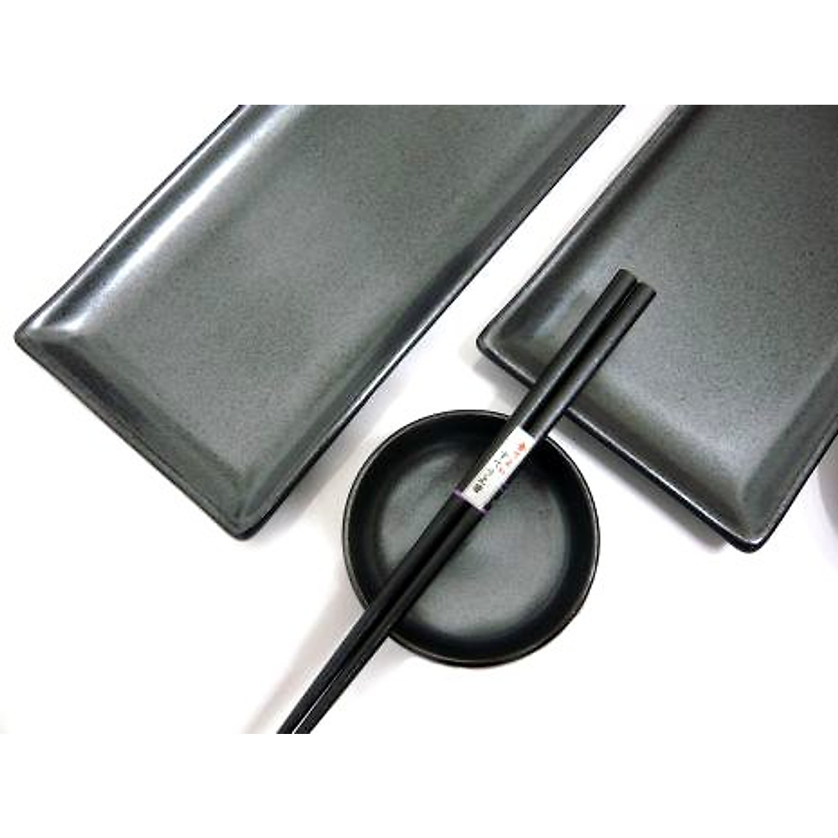 Sushi Set Made In Japan - MySushiSet 7 piece Black Crystal Ceramic Sushi Plate Set with Matching Soy Sauce Dispenser