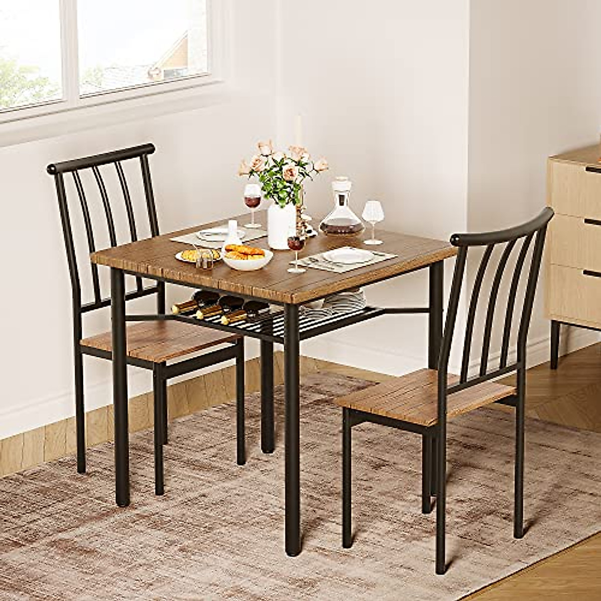 Amyove Kitchen Chairs with Wine Rack 3 Piece Square Dining Room Table Set for Small Space, Rustic Brown