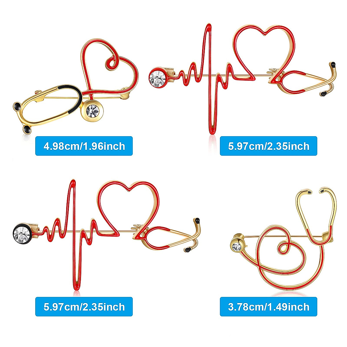 Henoyso 4 Pieces Stethoscope Brooch Pins Electrocardiogram Stethoscope Brooch Heart Shaped Pin Stethoscope Lapel Pin for Clothing Bags Women Men Decorations