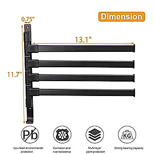 TocTen Swivel Towel Rack, Rustproof and Durable Space Saving Towel Hanger, Towel Bar Swing Out 180° Rotation, Wall Mounted/Glue Mounted Towel Rod with Hook for Bathroom, Kitchen (4-Arm, Black)