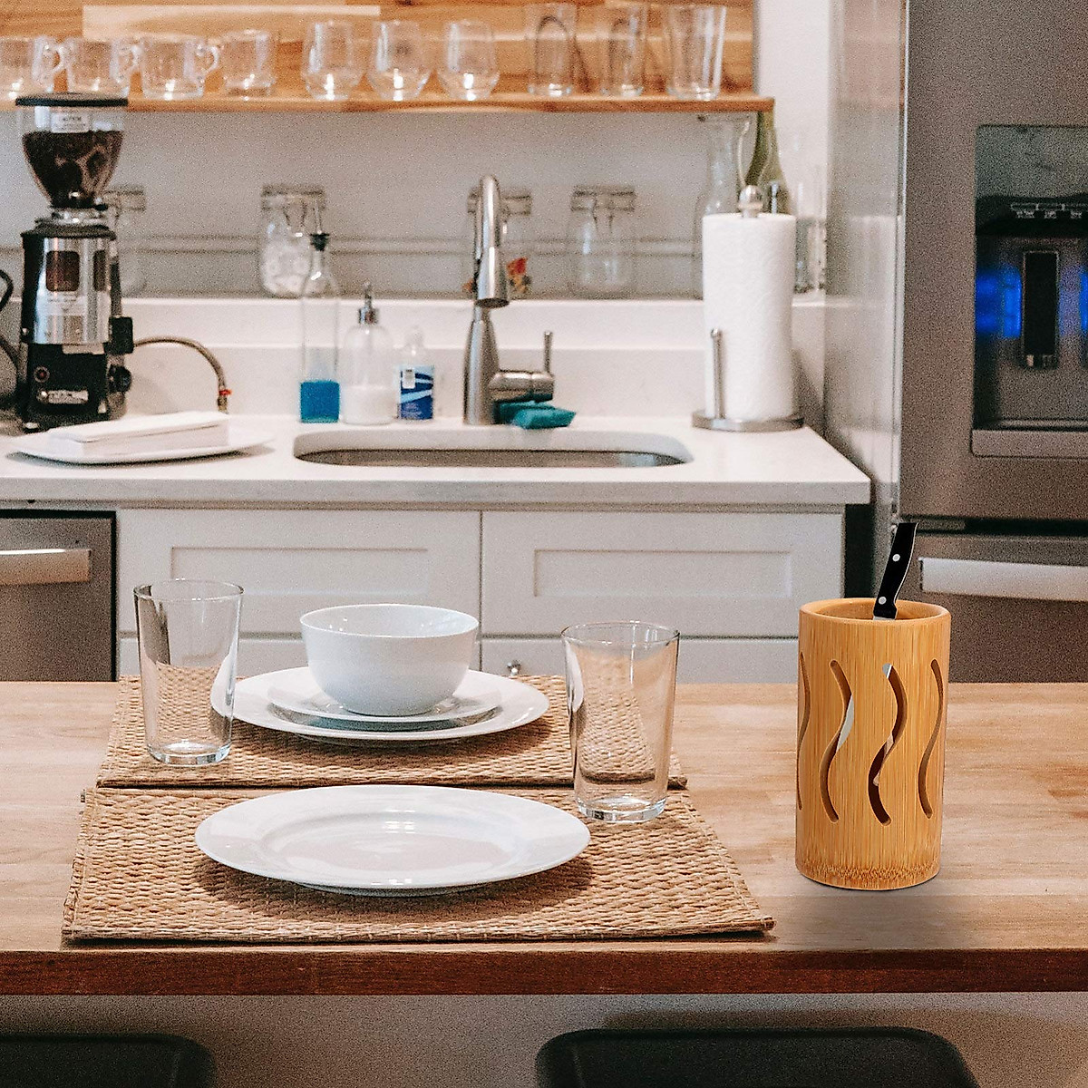 Hemoton KItchen Utensil Holder Caddy Bamboo Kitchen Tool Holder Chopsticks Storage Barrel Spoon Fork Holder Cutlery Tableware Storage Container Organizer