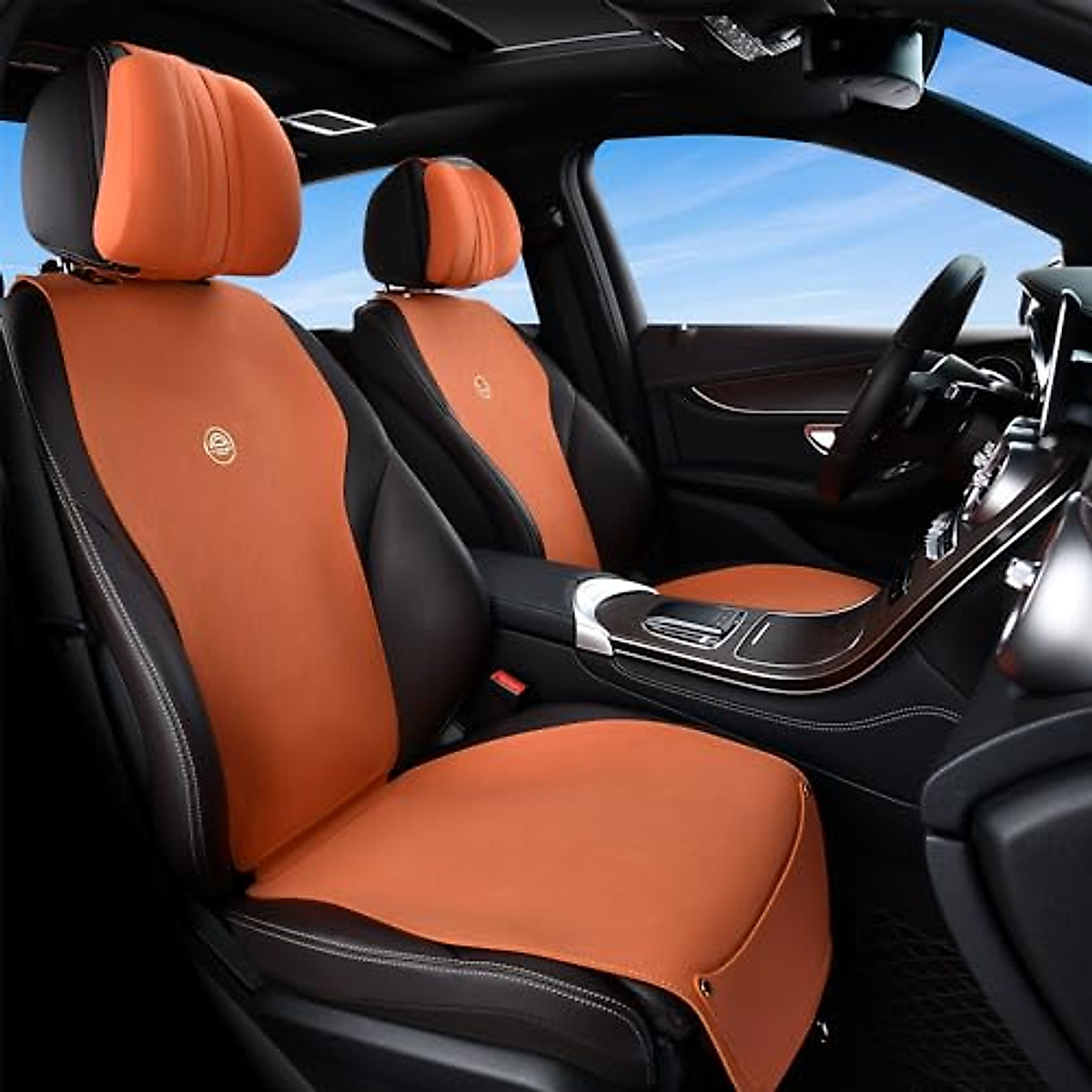 Coverado Leather Seat Covers with Head Pillow, Car Seat Covers Front Seats Alcantara Suede, Breathable Waterproof Protector Accessories for Truck SUV Pickup Auto ATV Automotive fit Most Cars Orange