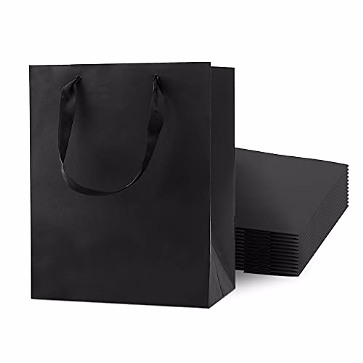 24 pcs Kraft Gift Bags Bulk Meduim Size 8"x4.75"x10", Black Kraft Paper Shopping Bags with Ribbon Handles, Party Favor Bags, Shopping Bags, Retail Bags, Wedding Bags, Merchandise Business Bags