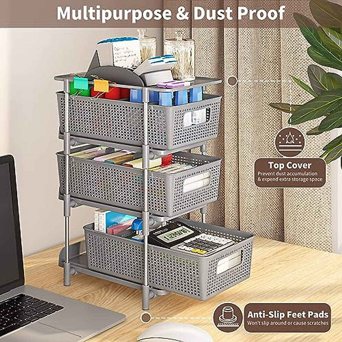 LIWAKA 2 Pcs 4 Tier Bathroom Cabinet Organizer,Pull Out Storage Organizer Under Sink Organizers with Dividers,Medicine Pantry Organization and Storage,Grey