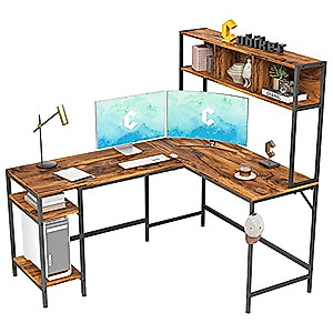 Cubiker L-Shaped Desk with Hutch, 60" Corner Computer Desk, Home Office Gaming Table with Storage Shelves, Space-Saving, Dark Rustic