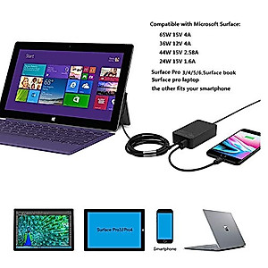 65W Surface Pro Charger Replacement for Microsoft Surface Pro 3/4/5/6/7/7+/8/9/X Power Supply Adapter,Compatible for Surface Laptop 1/2/3/4/5 Surface Go/2/3 Surface Book and Windows Laptop Charger