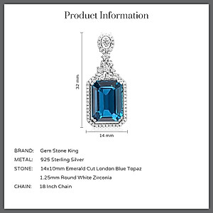 Gem Stone King 925 Sterling Silver London Blue Topaz Pendant Necklace For Women (10.10 Cttw, Emerald Cut 14X10MM, Gemstone Birthstone with 18 Inch Silver Chain)