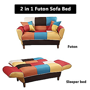 Convertible Futon Sofa Bed with 2 Pillows, Loveseat Sleeper Sofa Futon Couch, Recliner Couch with Adjustable Armrest and Wood Legs, Living Room Sofa with 3-Angle Backrest for Small Space (Colorful)