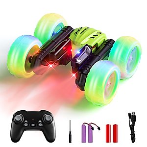 28°C RC Cars Stunt Cars, Remote Control Car for Boys Girls, Drift High Speed RC Cars, 360° Flips Double-Side RC Monster Truck with Headlight Wheel Light, Toys Gift for Kids on Christmas (Green)