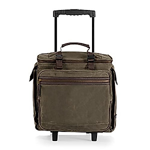 LEGACY - a Picnic Time Brand Somm - 12 Bottle Insulated Waxed Canvas Wine Bag with Rolling Cart, Khaki Green with Brown Accents