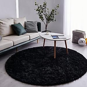 FJZFING Black Round Rug Ultra-Soft Plush Modern 5x5 Circle Area Rug for Kid's Bedroom, Fluffy Shag Circular Rug for Nursery Room, Non-Slip Home Decor Cute Black Carpet for Teen's Room