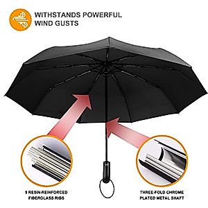 Hannstar Folding Travel Umbrella, Windproof Strong and Portable - Wind Resistant, Compact Durable Umbrella, Auto Open/Close, Lightweight Backpack Umbrella (Black)