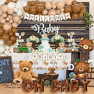 We Can Bearly Wait Baby Shower Decorations, Neutral Teddy Bear Baby Shower with Baby Shower Backdrop Tablecloth Cake Topper Balloon Garland Kit for Cute Bear Gender Reveal Decor