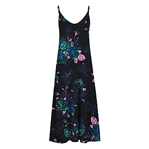 Midi Dresses for Women Wedding Guest Women Summer Casual Sexy Sleeveless V Neck Long Flower Print Dress Dark Blue
