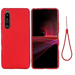 Case for Sony Xperia 1 III, Liquid Silicone Protective Phone Case for Sony Xperia 1 III with Silicone Lanyard, Slim Thin Soft Shockproof Cover for Sony Xperia 1 III Silicone Case Red