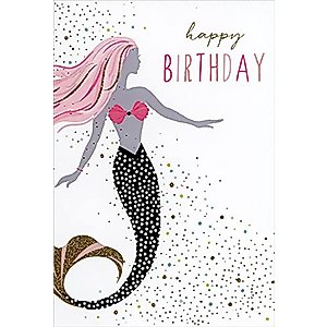 Pictura Mermaid with Pink Hair and Polka Dot Tail Birthday Card for Her : Woman