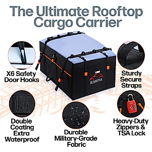 RoofPax Expandable 15/19 cft. Car Rooftop Cargo Carrier Bag Waterproof Storage Including Double Zippers Integrated Mat 10 Heavy-Duty Tie-Down Straps fit Cars with/Without Roof Top Rack or Side Rails