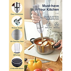 Hand Blender, Handheld Blender Electric, 5-in-1 Multifunctional Immersion Blender, 12 Speed and Turbo Mode, Stainless Steel Blade with Whisk, Chopper/Grinder Bowl and Beaker/Measuring Cup, by Yabano (4 in 1)