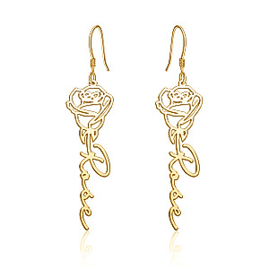 925 Sterling Silver Birth Flower Earrings with Name Custom Made Drop Earrings Personalized Name Dangle Earrings for Women