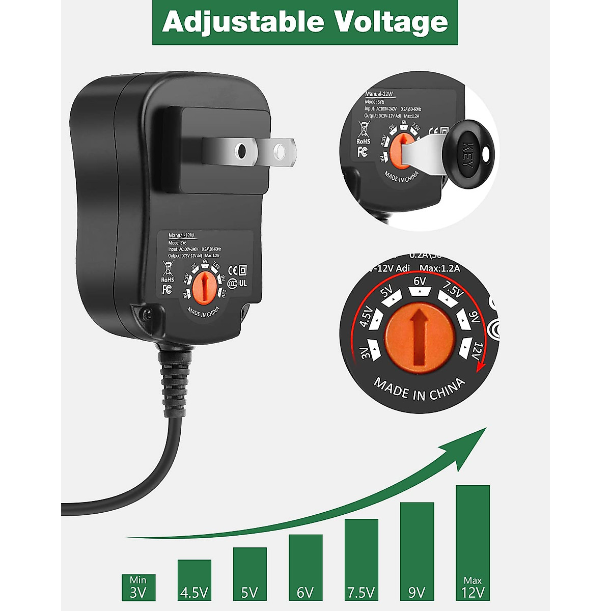 JOVNO 12W Universal AC DC Adapter Adjustable Multi-Voltage Regulated Switching Power Supply for 3V 4.5V 5V 6V 7.5V 9V 12V LED strips CCTV Motors Routers with 14 Tips 1 Reverse Polarity Converter Cable