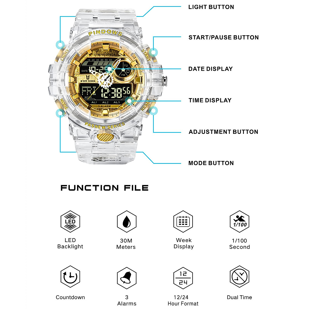 Watch for Men Watch Men Digital Sports Watch Large Digital Analog Dual Display Waterproof Watches with 3 Alarms Countdown Stopwatch Date Dual-Time LED Light Multifunctional Military Wrist Watches