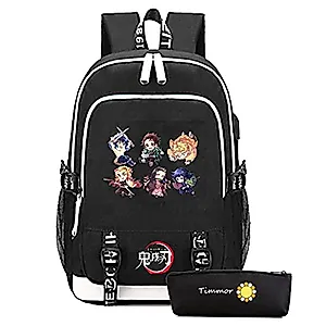 TIMMOR MAGIC Japanese Anime Backpack for Boys with USB Charging Port, Middle School College Tanjiro Bookbags for Women Men.(Black6)