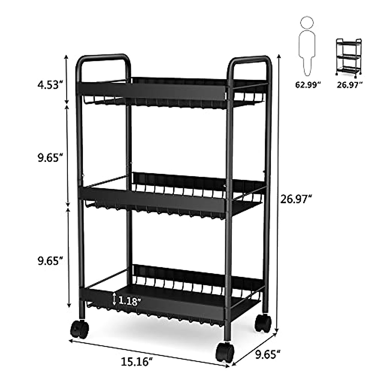 3 Tier Metal Rolling Cart, Storage Cart on Wheels, Kitchen Cart, Bathroom Cart