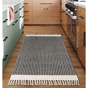 Lahome Boho Entryway Rug, 3x5 Rug for Bedroom Lightweight Washable Throw Rug Woven Cotton Bathroom Rugs with Tassels, Farmhouse Black and White Rug for Living Room Kitchen Office Dorm Gifts