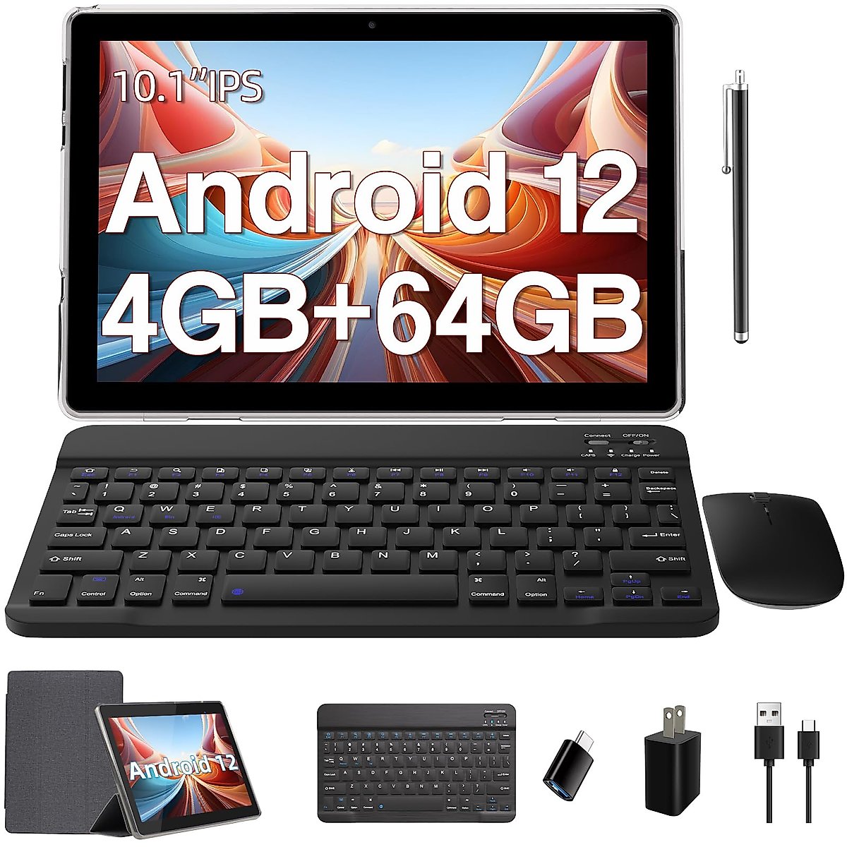 Android 12 Tablet with Keyboard 10 Inch 2 in 1 Tablets Set Include Case Mouse Stylus OTG, 4GB RAM+64GB ROM, 6000mAh Battery, Dual Camera, WiFi, BT, 10.1'' HD Display Tab, Google Certified Tableta