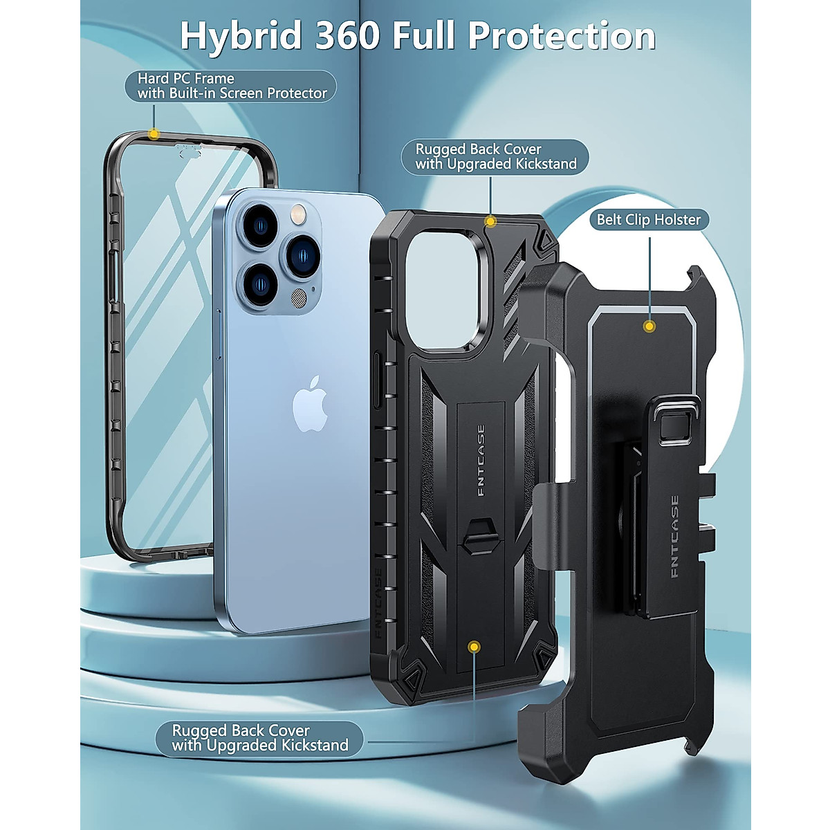 FNTCASE for iPhone 12-Pro-Max Phone Case: with Built-in Screen Protector & Kickstand & Belt-Clip Holster, Full-Body Dual Layer Rugged Military Shockproof Protective Cover-Black