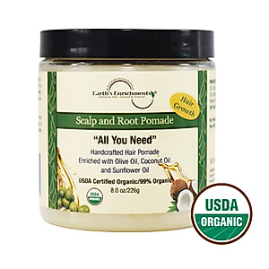 Earth's Enrichments Organic Pomade - Hair Food for Growth, Contains Tea Tree, Rosemary, Lavender Oil, Natural Hair Grease for Thick, Straight, Curly, Wavy, Thin Hair, Women, Men, Kids, USDA, 8oz