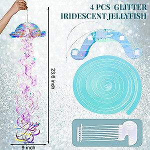 6 Pcs Under Sea Mermaid Party Decoration, Include Glitter Iridescent Jellyfish Decor, Light Blue Metallic Tinsel Foil Fringe Curtains Backdrop for Ocean Theme Birthday Party