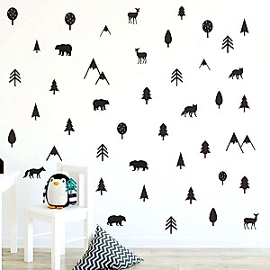 IKEYU Woodland Animals Wall Stickers Mountain Tree Wall Decals Black Vinyl Jungle Stickers Forest Animals Wall Decals for Kids Room Nursery Bedroom Decor