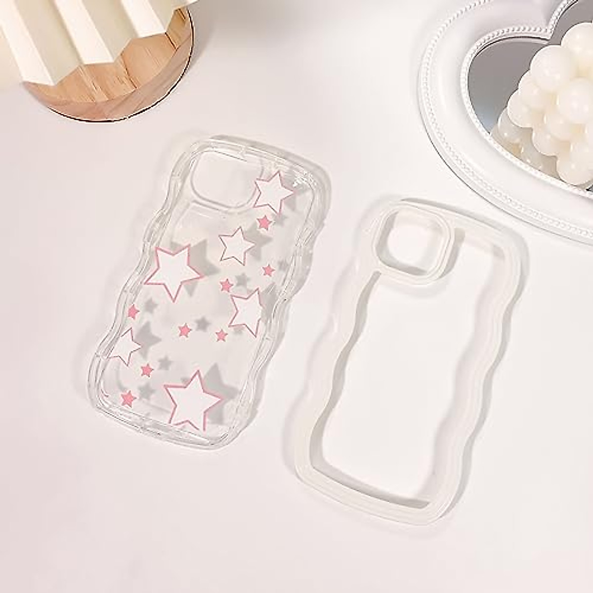 NITITOP Compatible for iPhone 13/ iPhone 14 Case Cute Pink Stars Curly Wave Frame Shape Shockproof Soft TPU 2 in 1 Phone Cover for Women Girl-White Pink Star