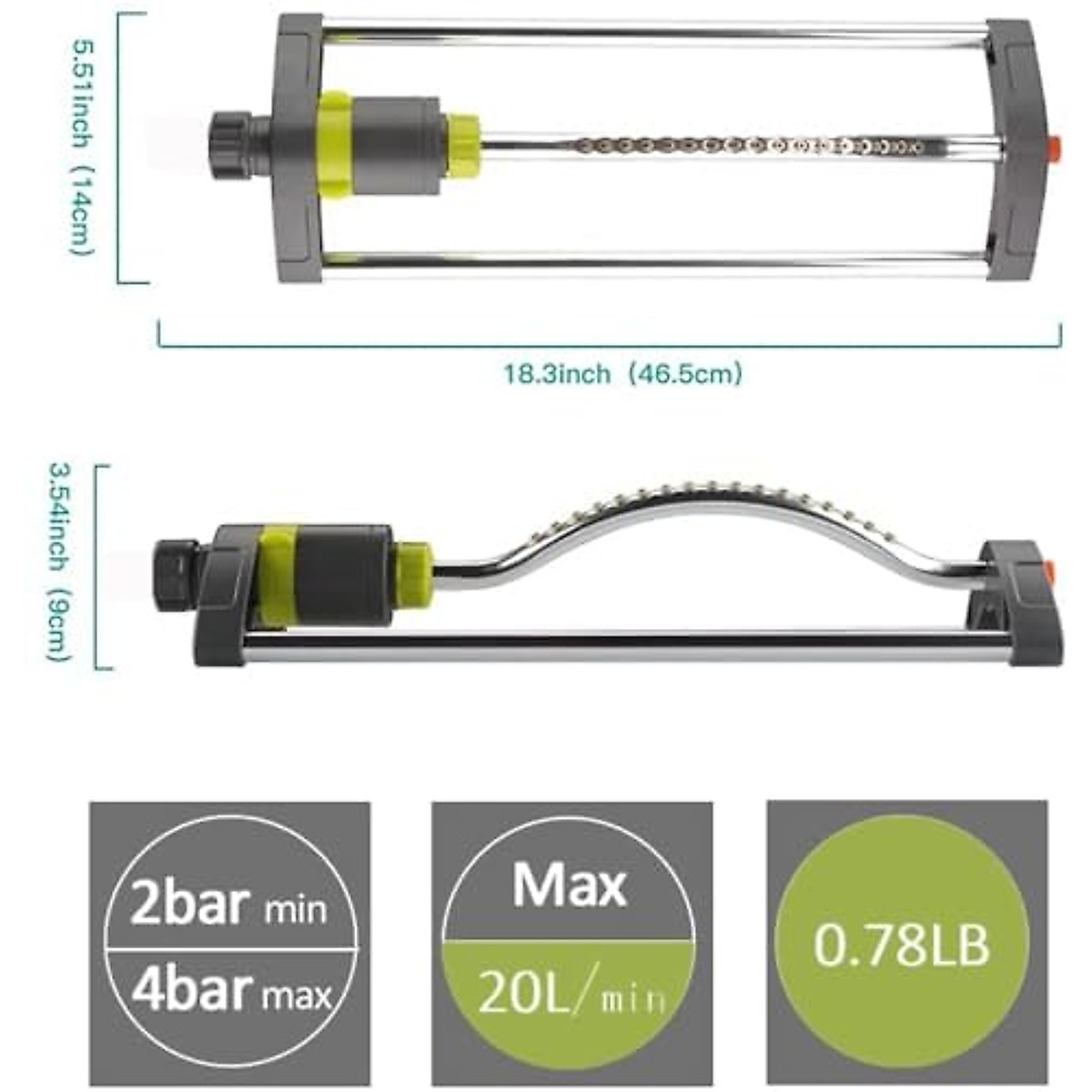 Lawn Sprinkler, Metal Oscillating Sprinkler with Brass Nozzles, Water Sprinkler for Lawn Covers up to 3,600 Ft, Includes Spray Jet Cleaning Needle, Grey